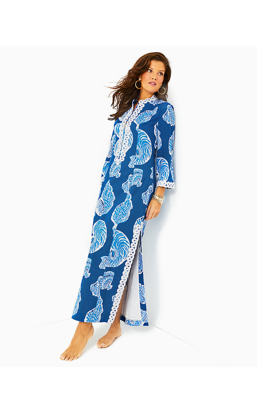 SHEALYN 3/4 SLEEVE STRETCH COTTON MAXI CAFTAN, BARTON BLUE SHELL OF A ...